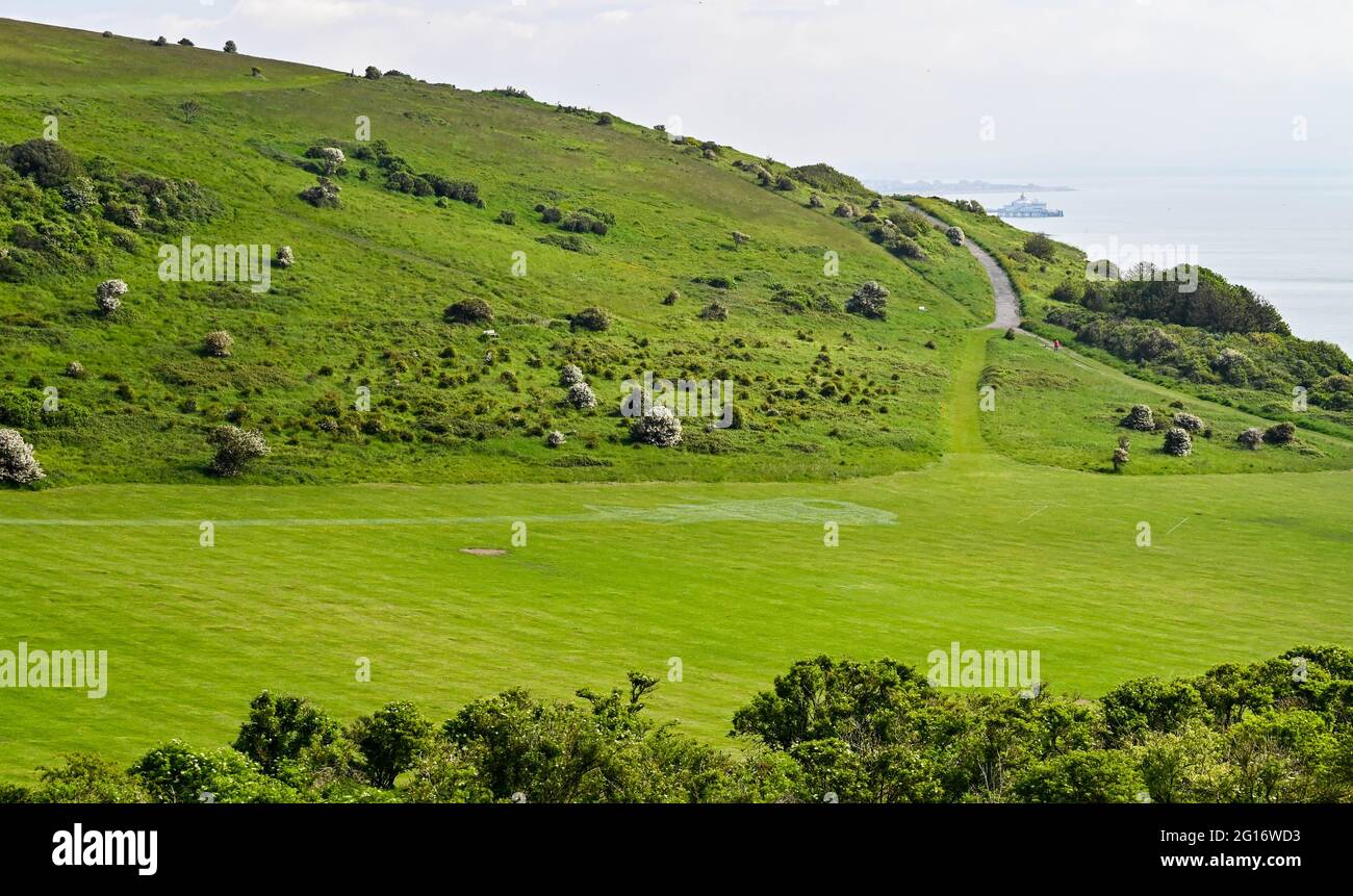 Eastbourne, UK. 05th June, 2021. A large chalk hairpin sculpture can ...