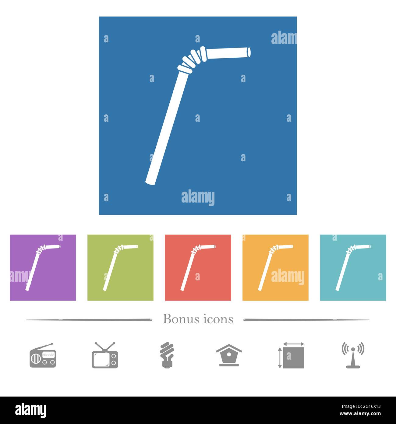Single drinking straw flat white icons in square backgrounds. 6 bonus ...