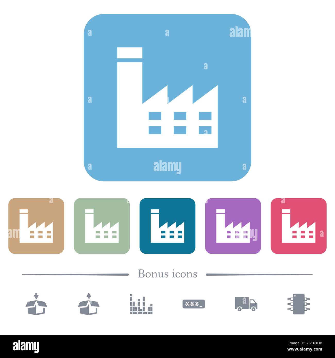Factory building white flat icons on color rounded square backgrounds ...