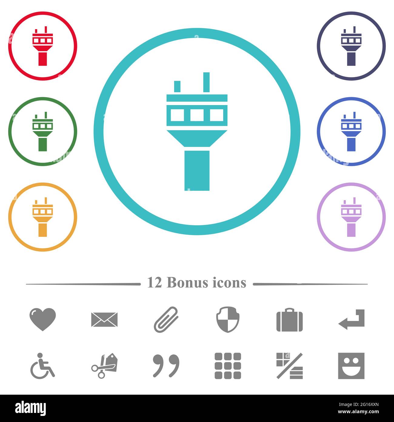 Air control tower flat color icons in circle shape outlines. 12 bonus ...