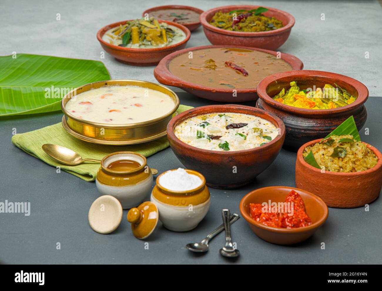 Kerala traditional feast side dishes arranged in a two colour ...