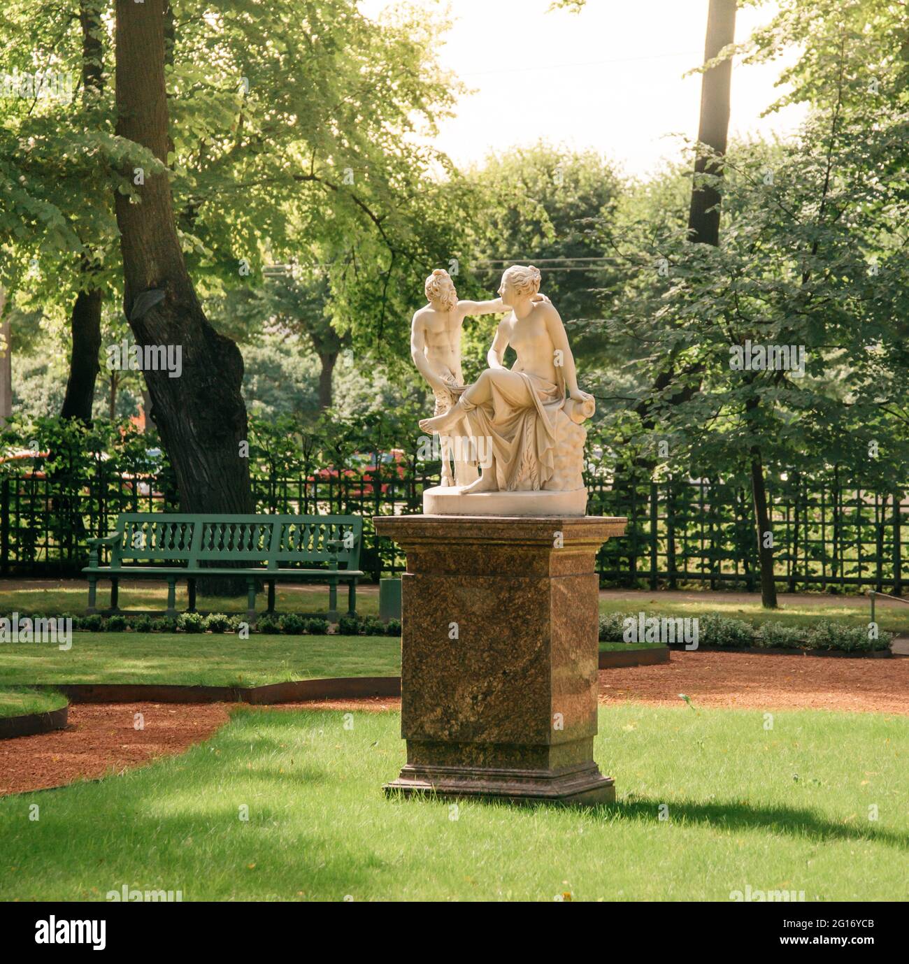 Marble sculpture 'Satyr and Bacchante' of the 'Summer Garden' on a ...