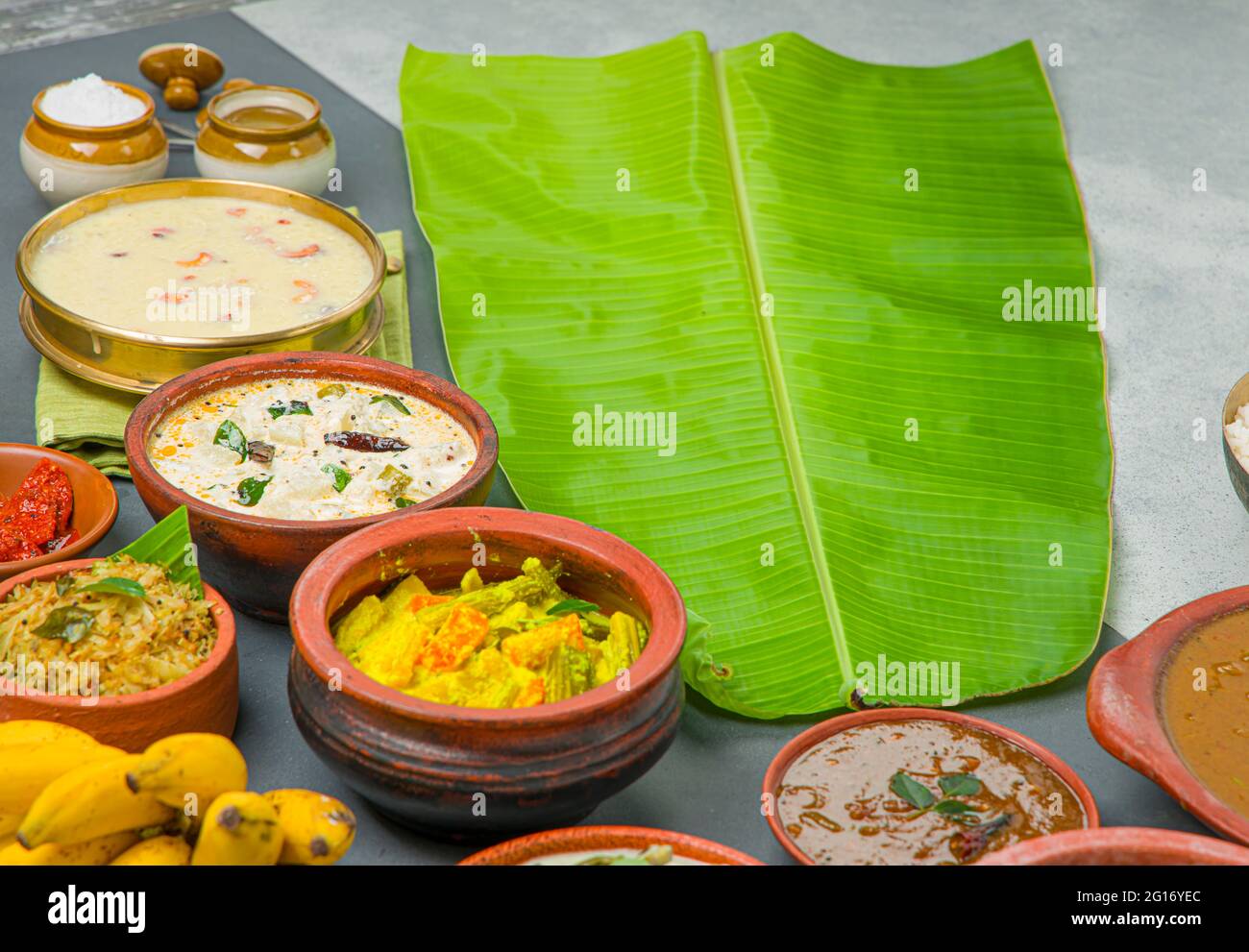 Kerala traditional feast side dishes arranged in a two colour ...