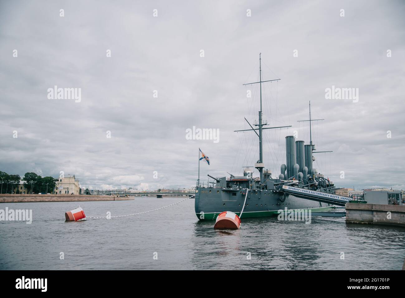 Aurora cruiser museum ship moored anchored on Neva river Stock Photo ...
