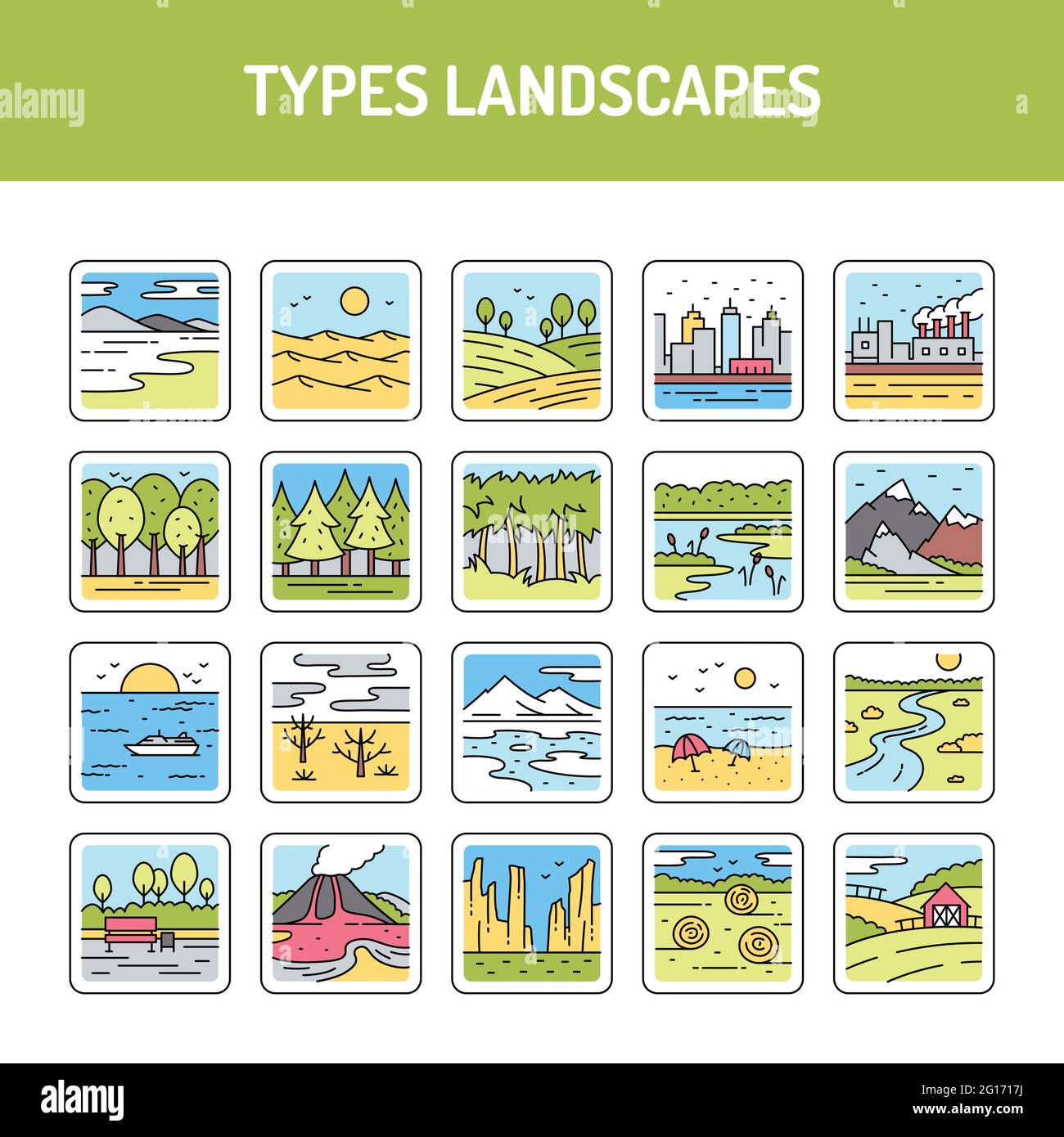 Types landscapes line icons set. Isolated vector element. Outline ...