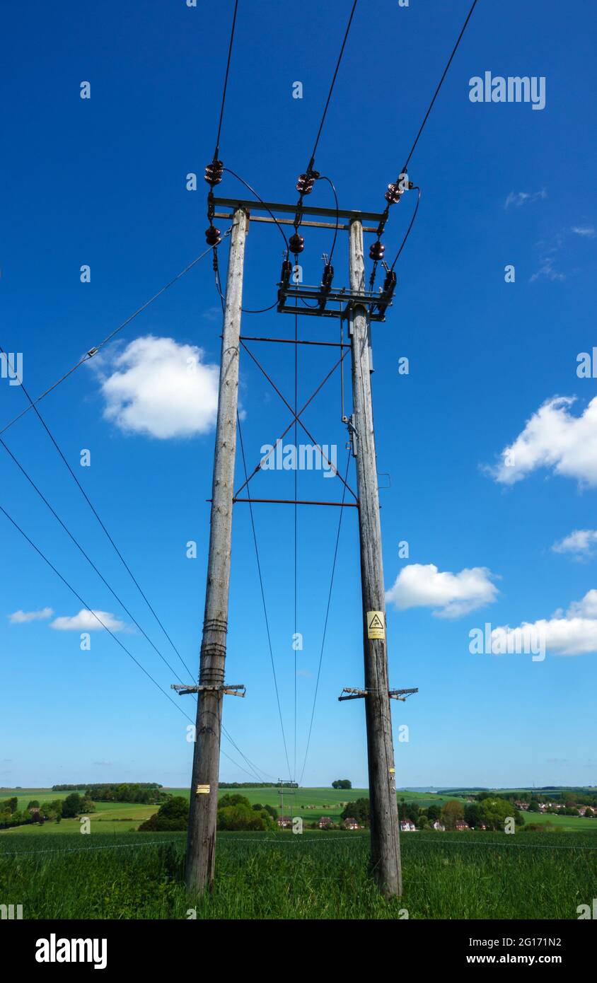 looking up at wooden electricity power poles running electricity cables ...