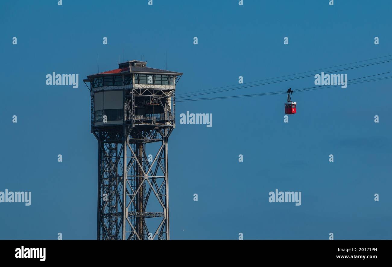 A picture of one of the towers of the Port Vell Aerial Tramway Stock ...
