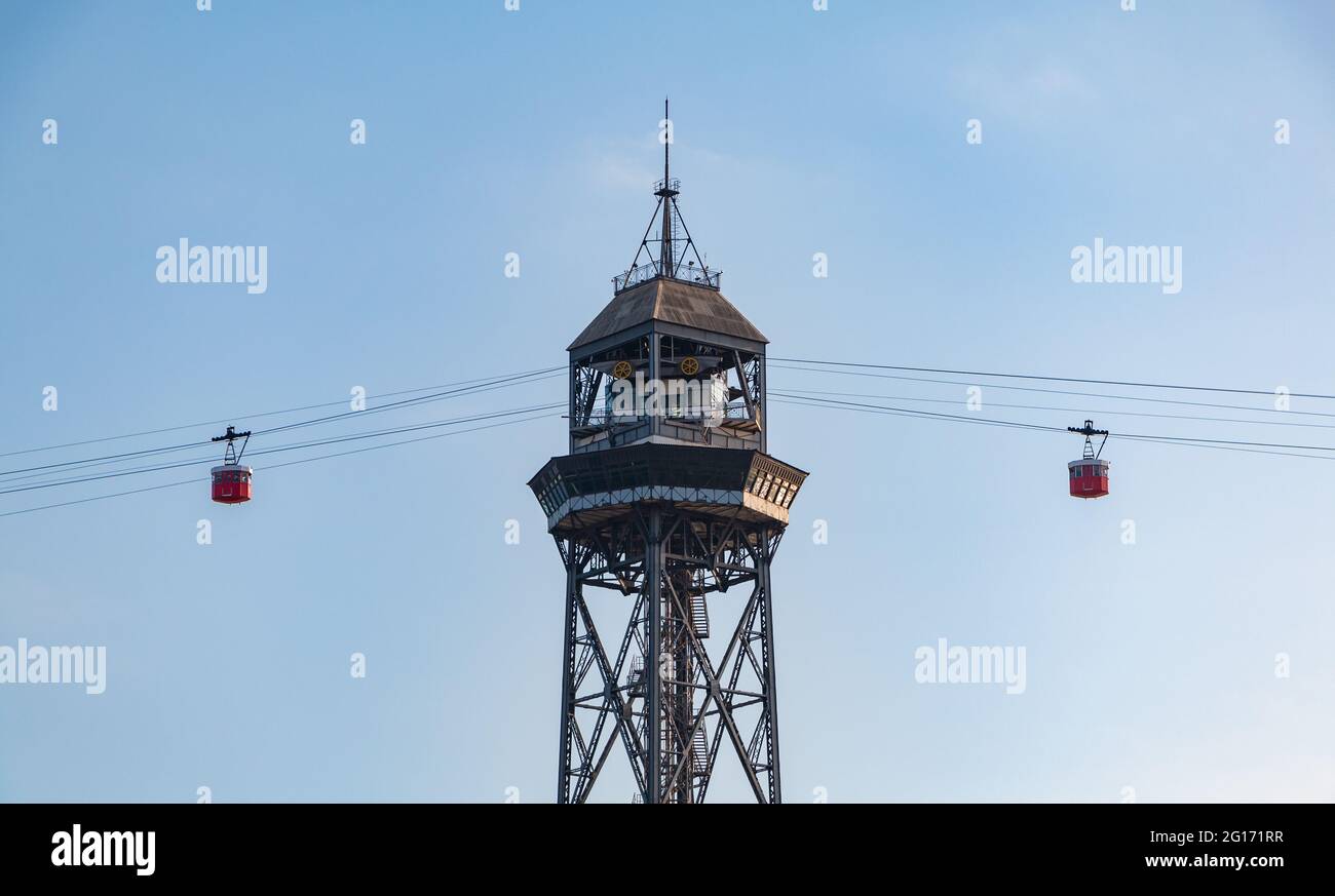 A picture of one of the towers of the Port Vell Aerial Tramway Stock ...