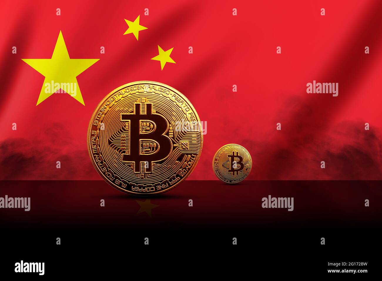golden bitcoin coin on the chinese flag background. cryptocurrency ...