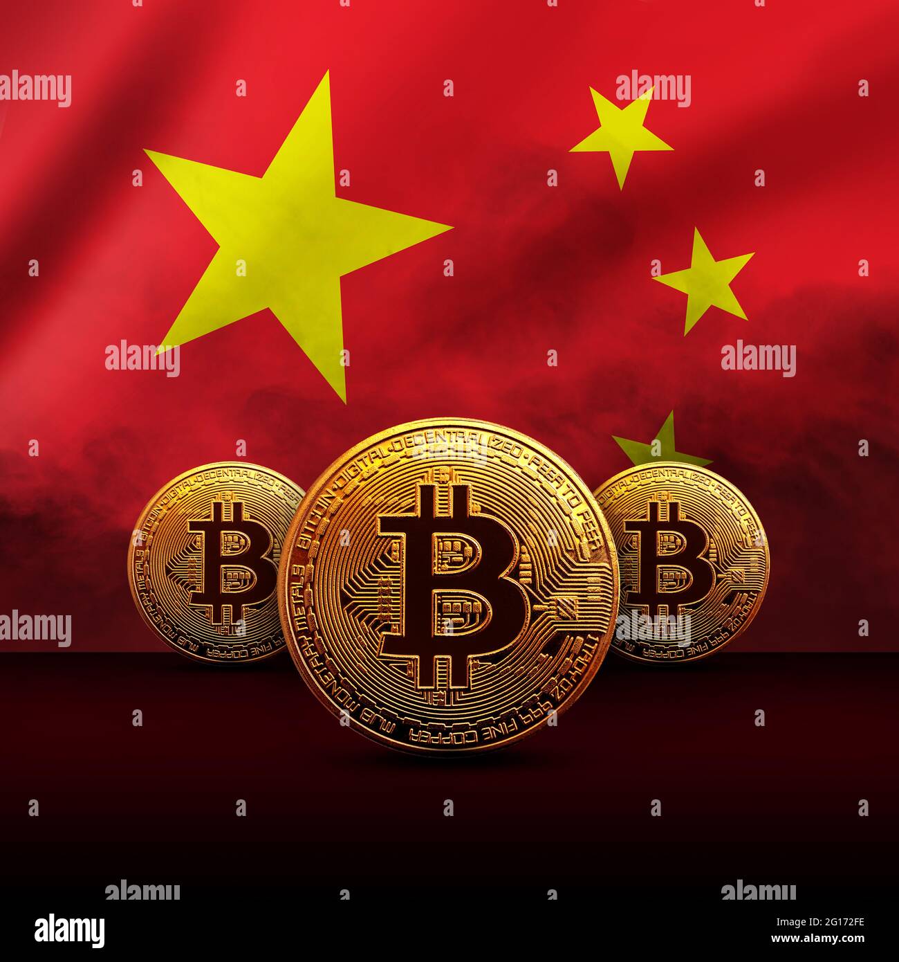 golden bitcoin coin on the chinese flag background. cryptocurrency ...