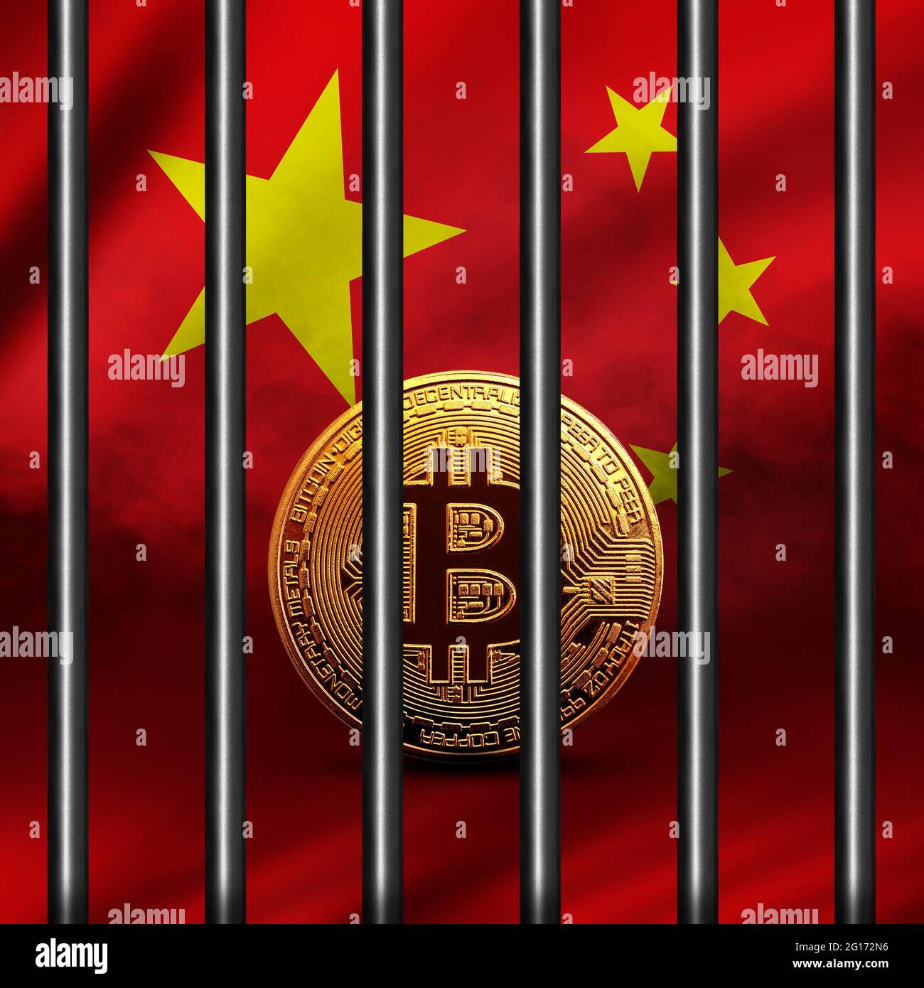 golden bitcoin coin on the chinese flag background. cryptocurrency ...
