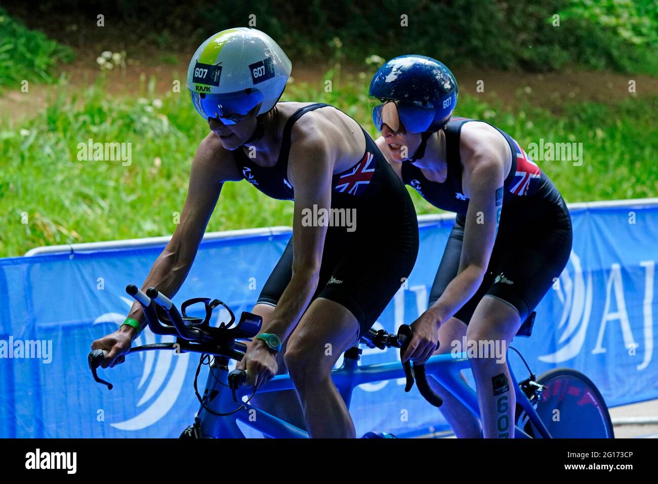 Alison Peasgood (right) with her guide in the cycling transition zone ...