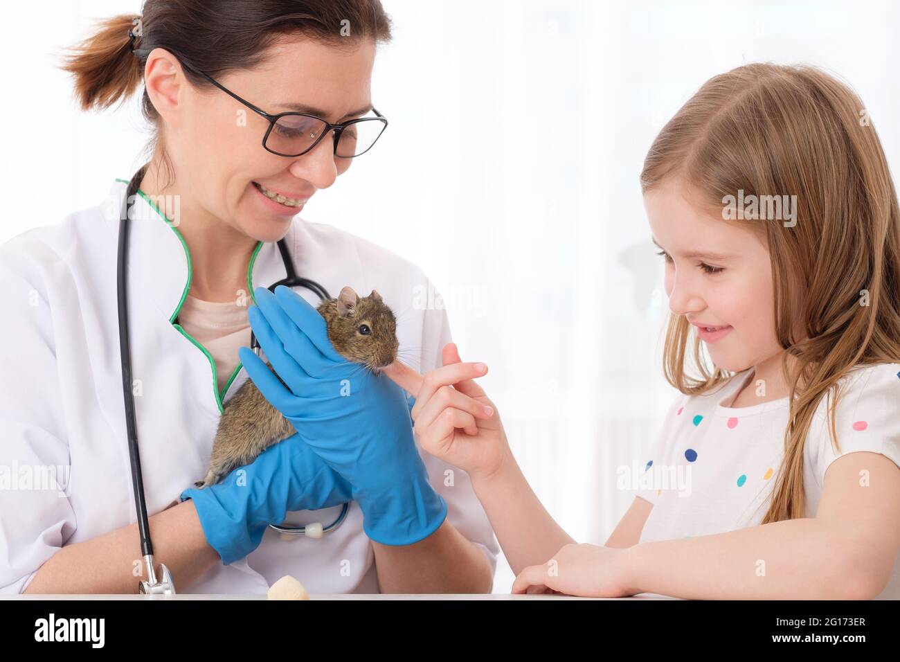 Vet teaching little girl about her pet Stock Photo - Alamy