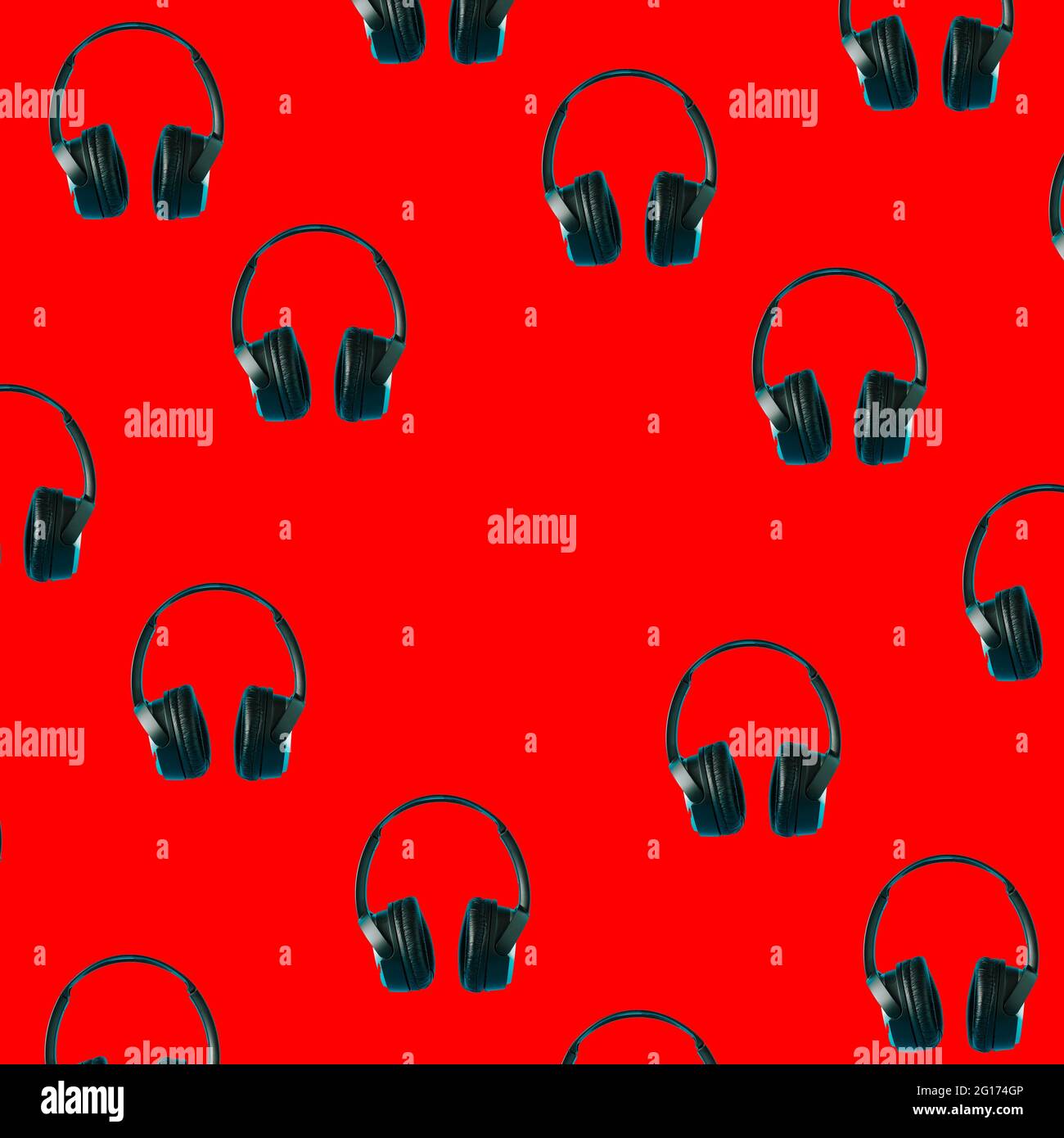 A pattern of black headphones on a red square background. Music ...