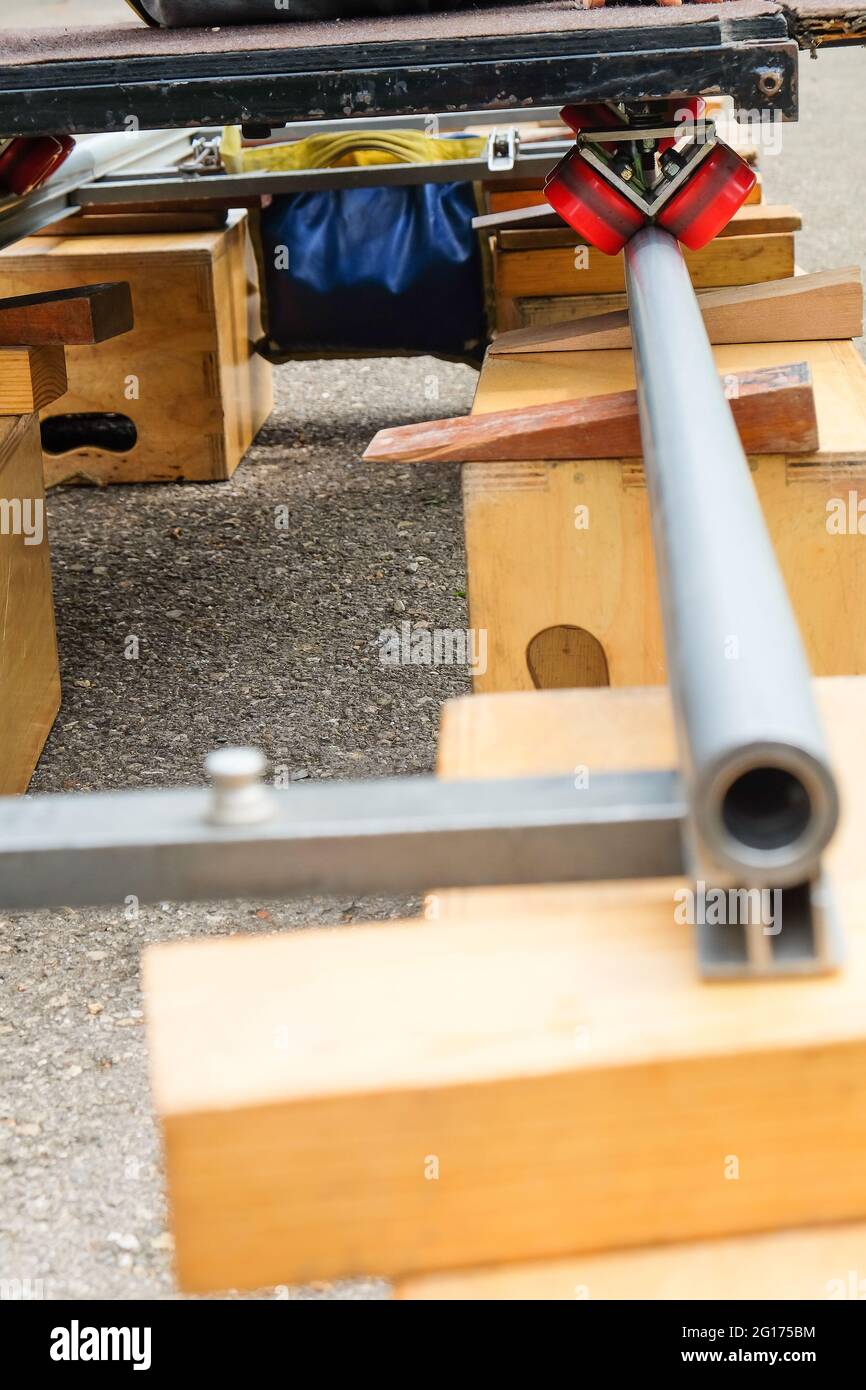 Detail of dolly track for camera equipment,Film Shoot,Behind the scene ...