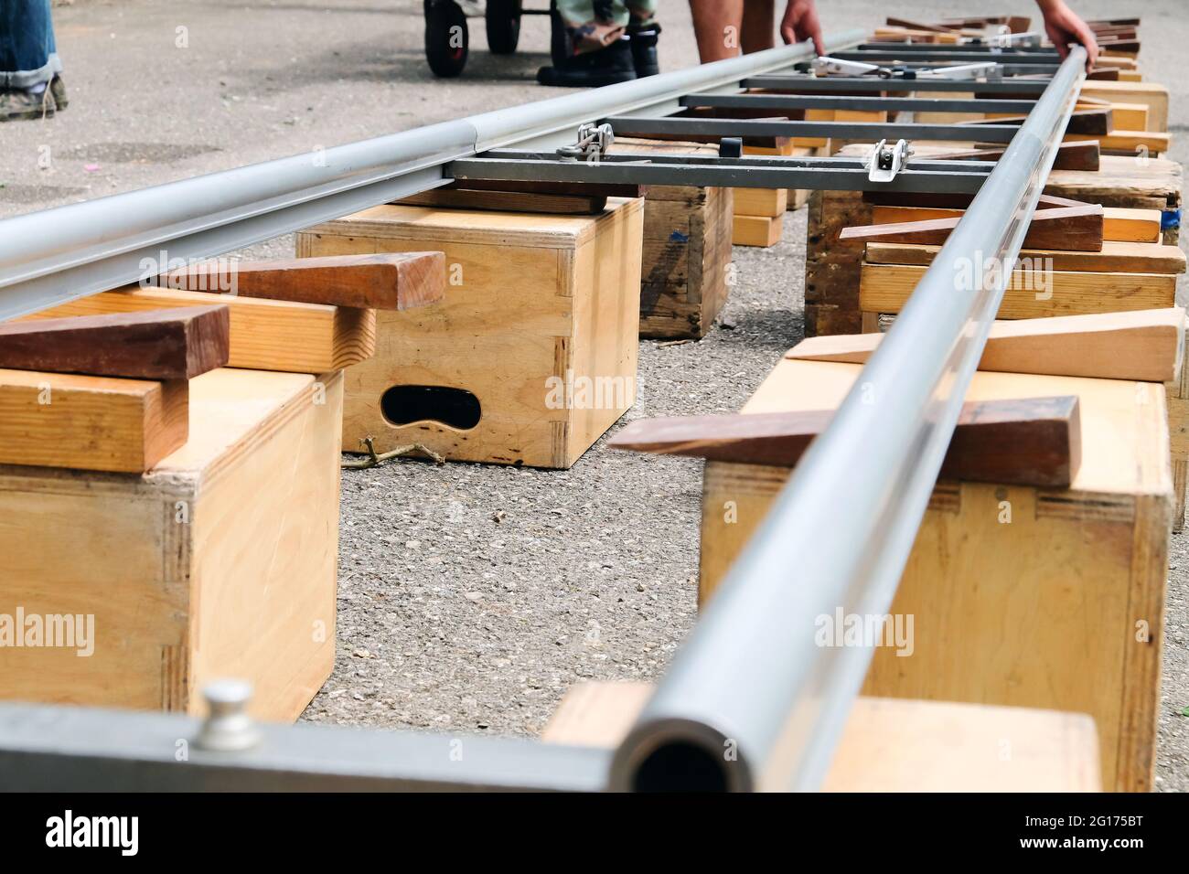 Detail of dolly track for camera equipment,Film Shoot,Behind the scene ...
