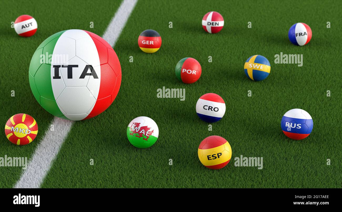 Big Soccer ball in Italy national colors surrounded by smaller soccer ...