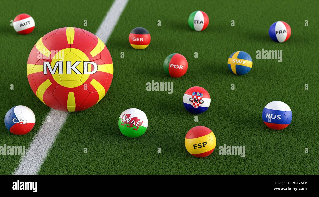 Big Soccer ball in North Macedonia national colors surrounded by ...