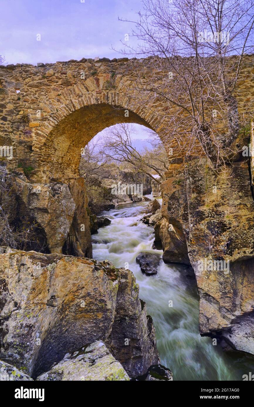 Vertical shot of an arched bridge over a stream Stock Photo - Alamy