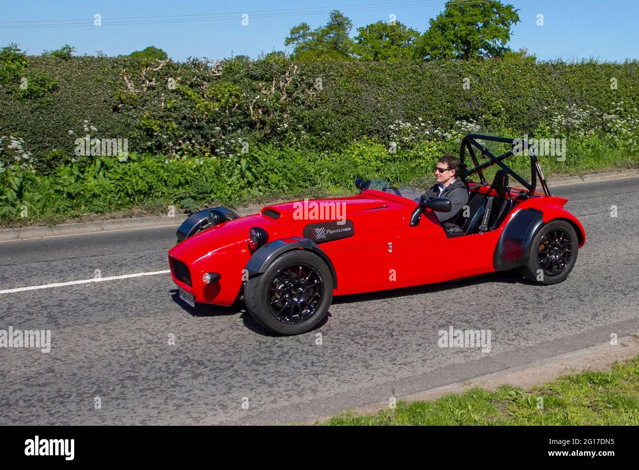 2018 red Westfield 1999cc open-top kit car en-route to Capesthorne Hall ...