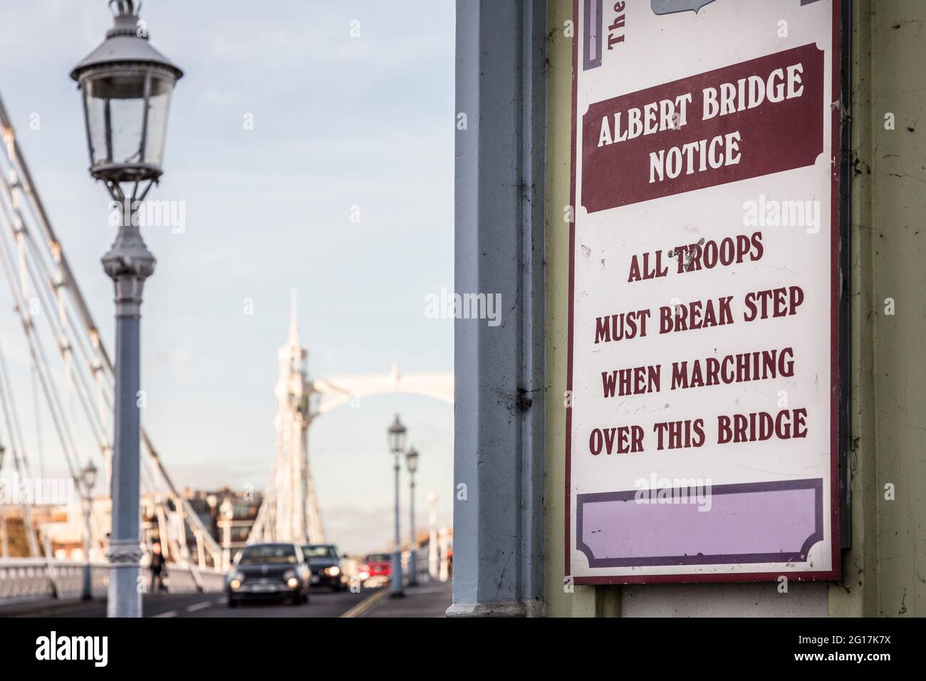Notice ont he Albert Bridge that troops must break step when marching ...