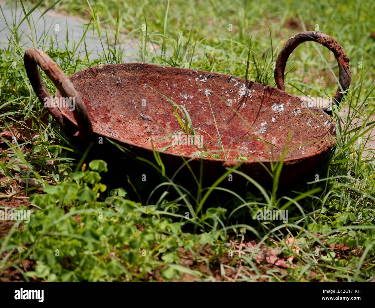 Ancient frying pan of indian style presented in natural green field ...