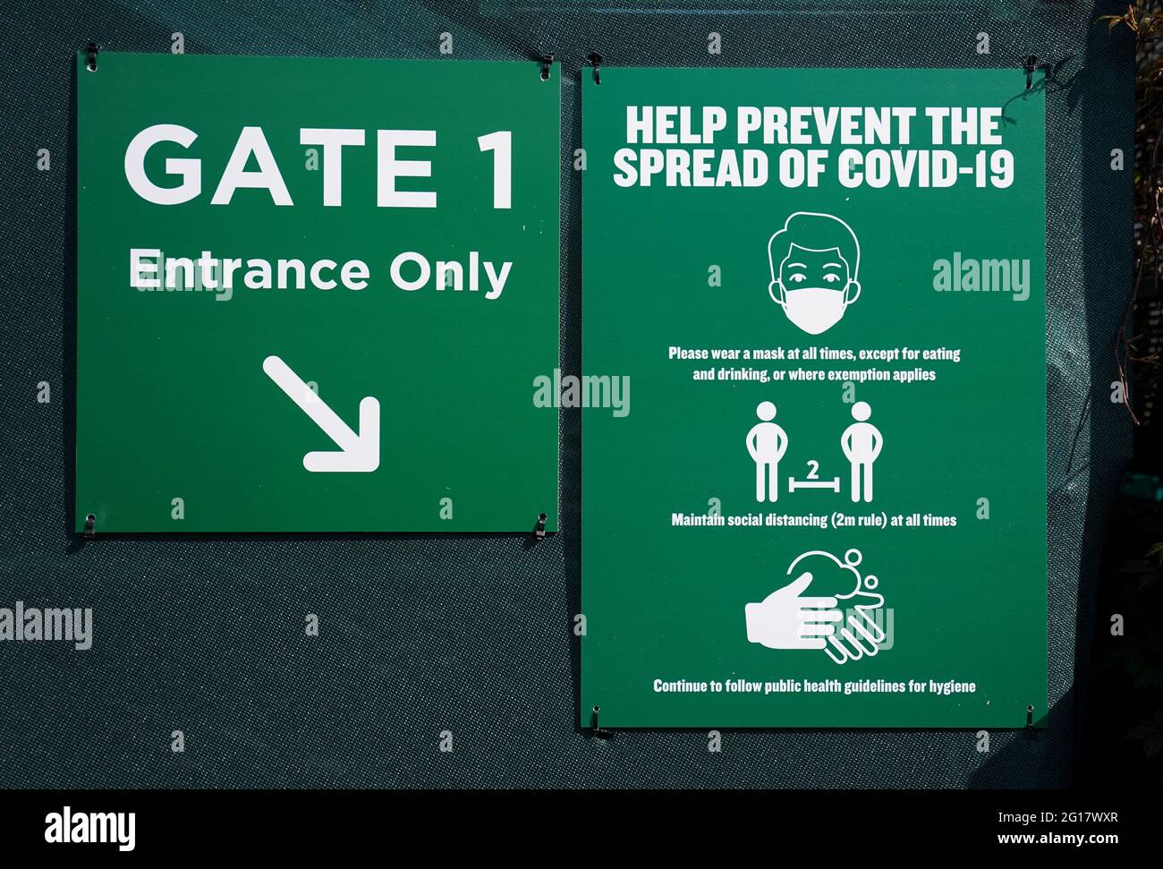 A general view of COVID-19 related signage during day one of the Viking ...