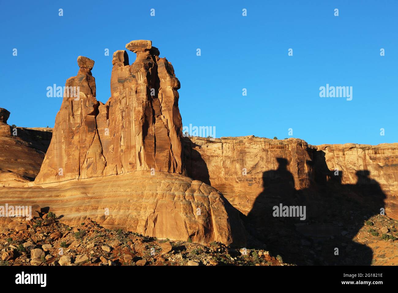 Three Gossips and their shadow - Arches National Park, Utah Stock Photo ...
