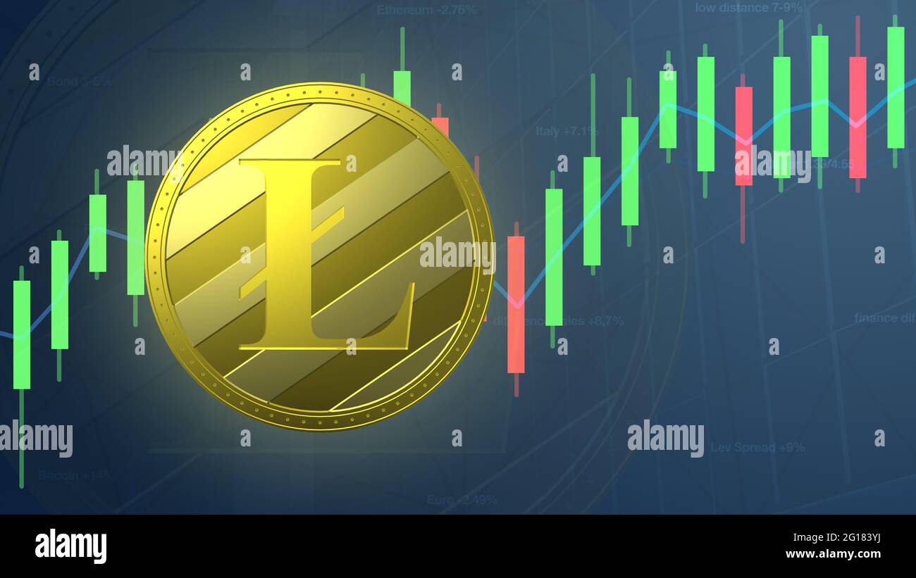 Litecoin coin symbol on yellow money with trading graphic concept of a ...