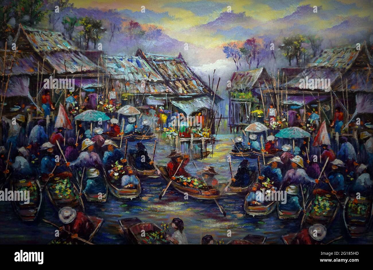 Art painting Oil color Floating market Thailand , rural life , rural ...