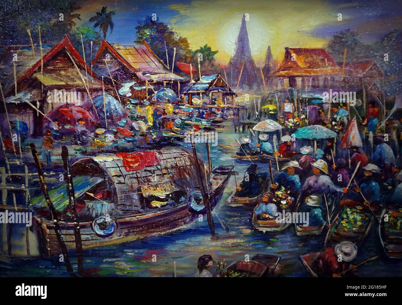 Art painting Oil color Floating market Thailand , rural life , rural ...