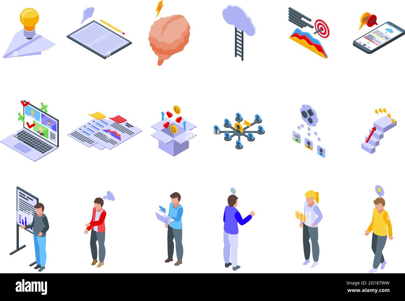 Brainstorming icons set. Isometric set of brainstorming vector icons ...