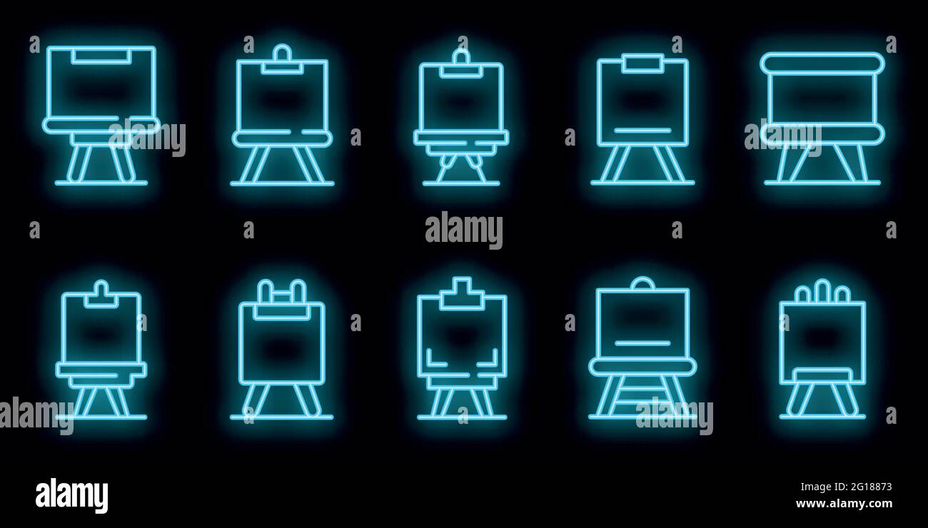 Easel icons set. Outline set of easel vector icons neon color on black ...