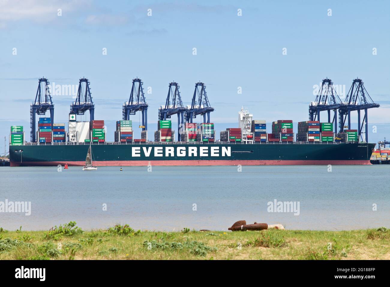 Container ship Ever Globe docked at the Port of Felixstowe, Suffolk, UK ...