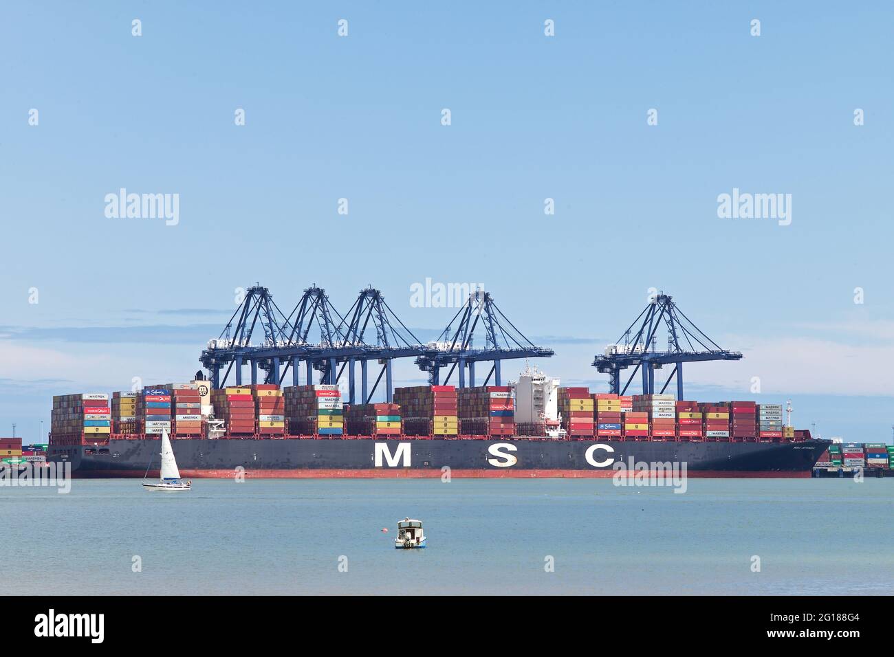 Container ship MSC Istanbul docked at the Port of Felixstowe, Suffolk ...