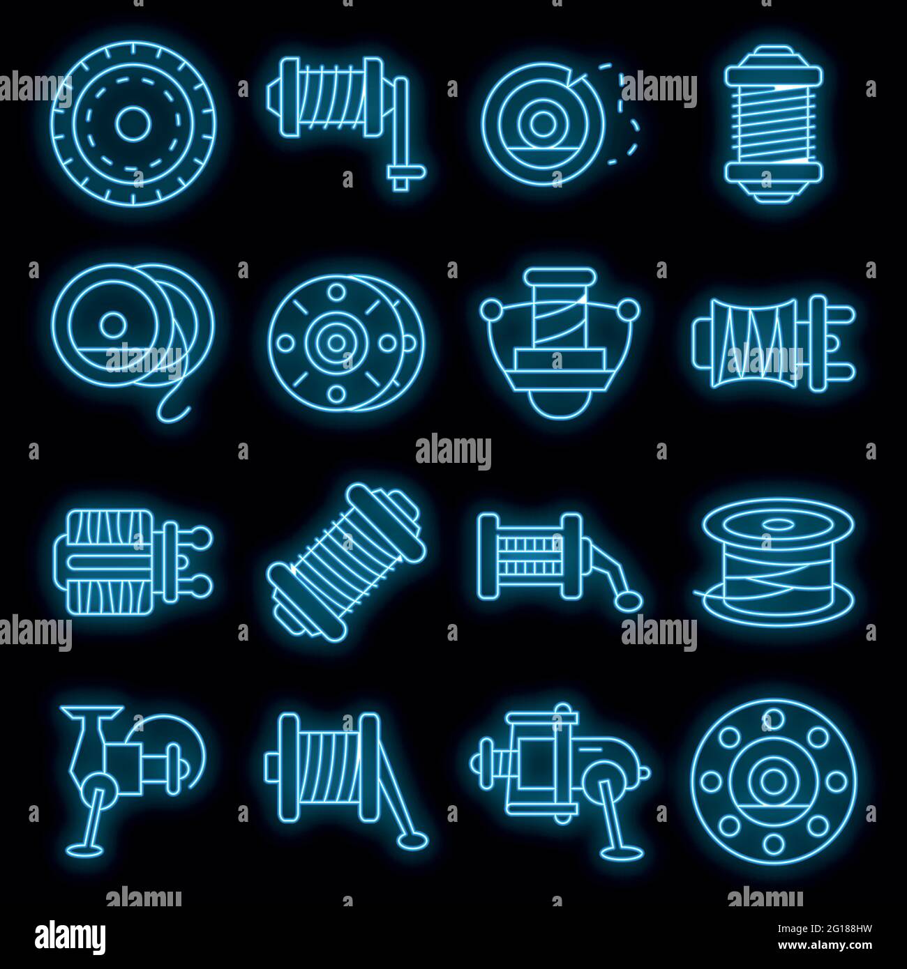 Fishing reel icons set. Outline set of fishing reel vector icons neon ...