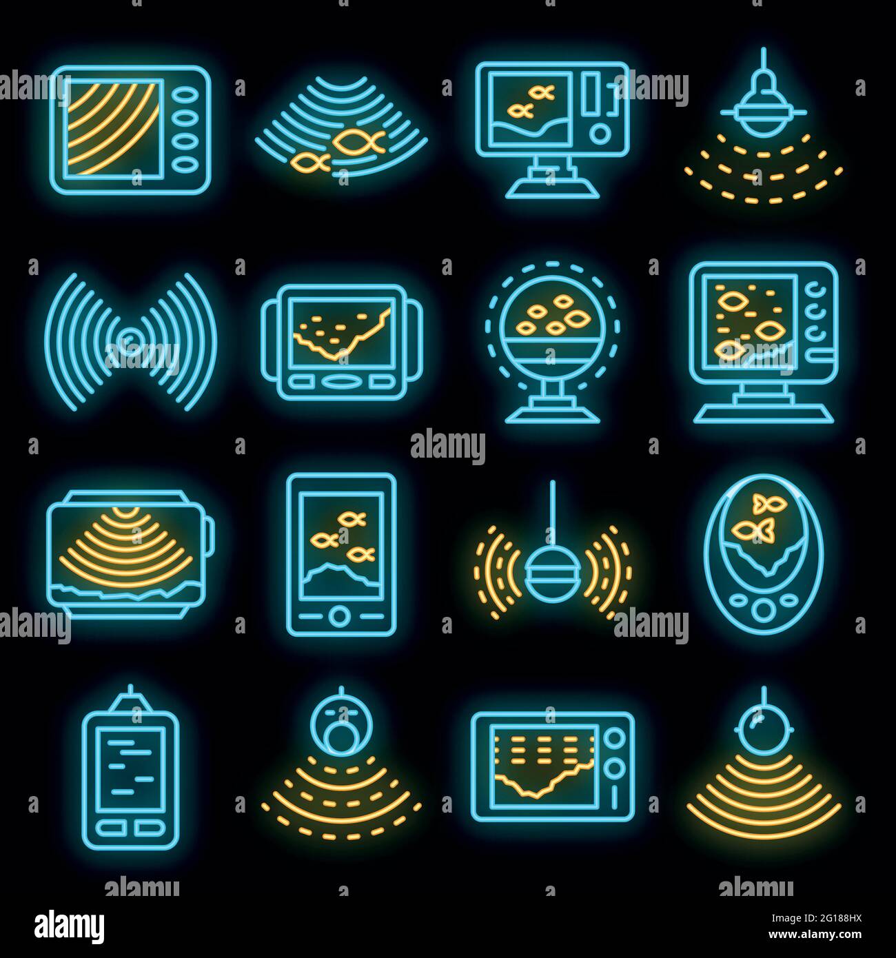 Echo sounder icons set. Outline set of echo sounder vector icons neon ...