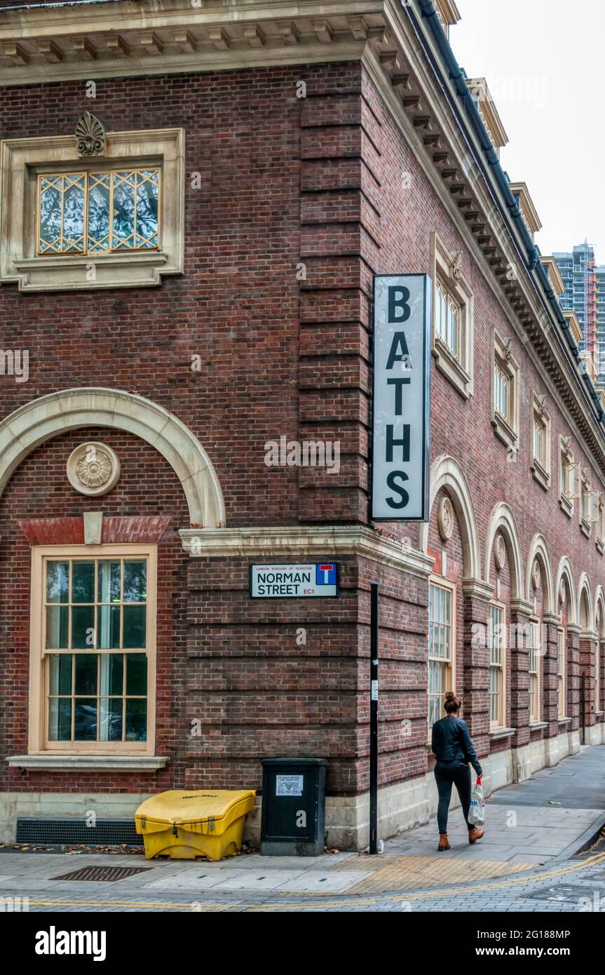 Baths sign on Ironmonger Row Baths in Islington Stock Photo - Alamy