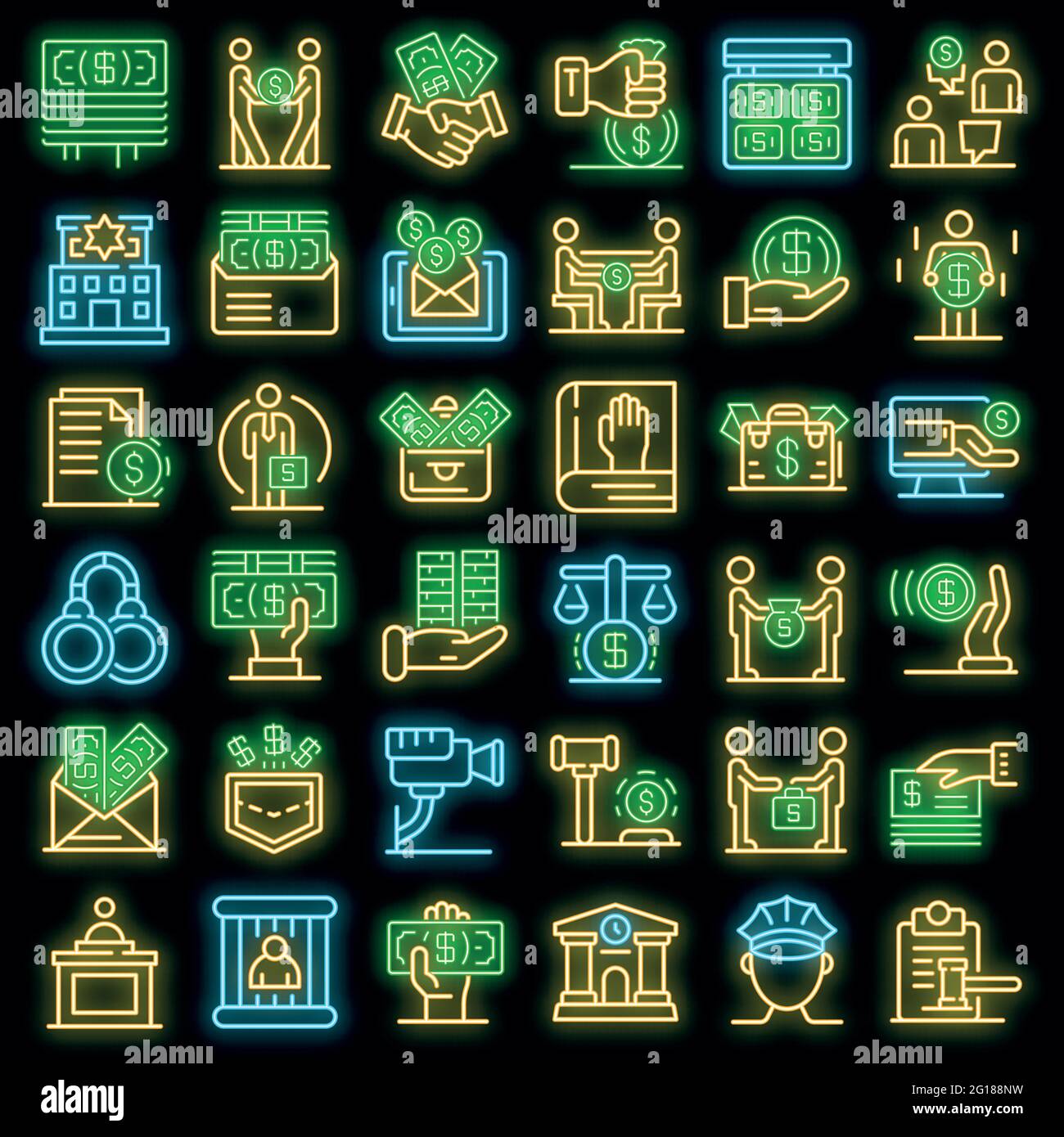 Bribery icons set. Outline set of bribery vector icons neon color on ...