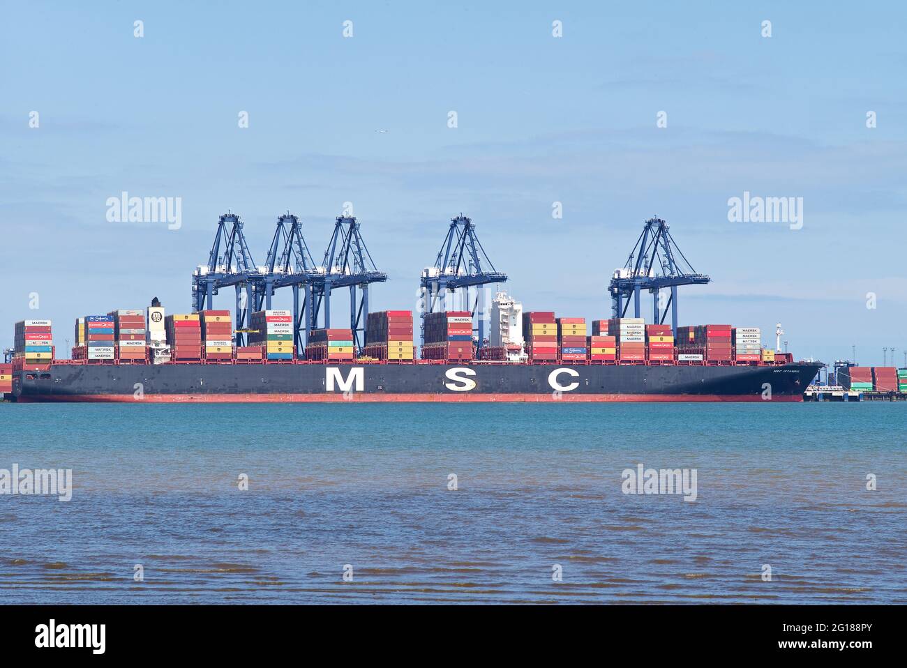 Container ship MSC Istanbul docked at the Port of Felixstowe, Suffolk ...