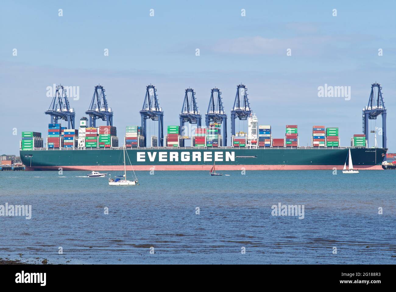 Container ship Ever Globe docked at the Port of Felixstowe, Suffolk, UK ...