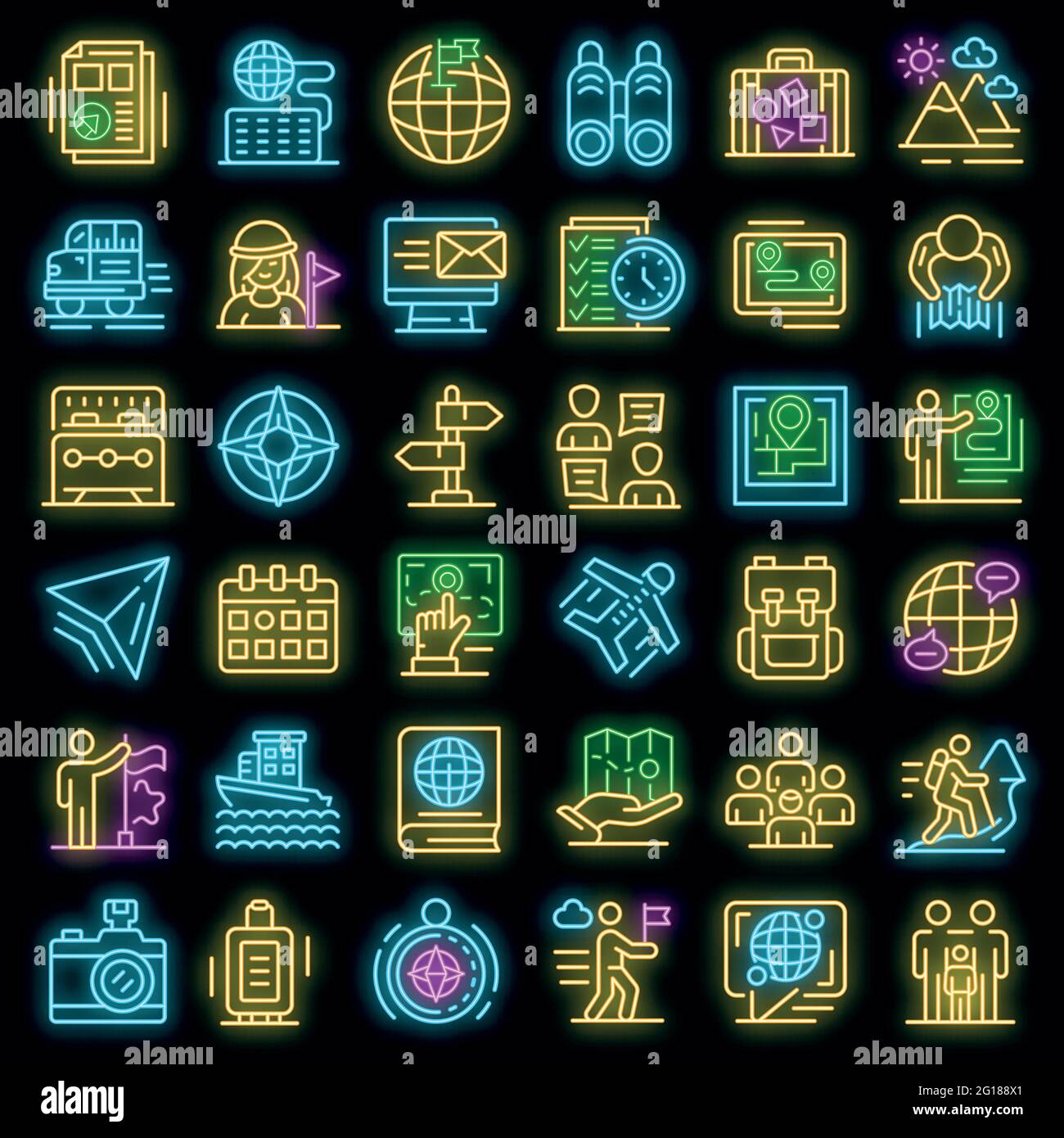 Guide icons set. Outline set of guide vector icons neon color on black ...