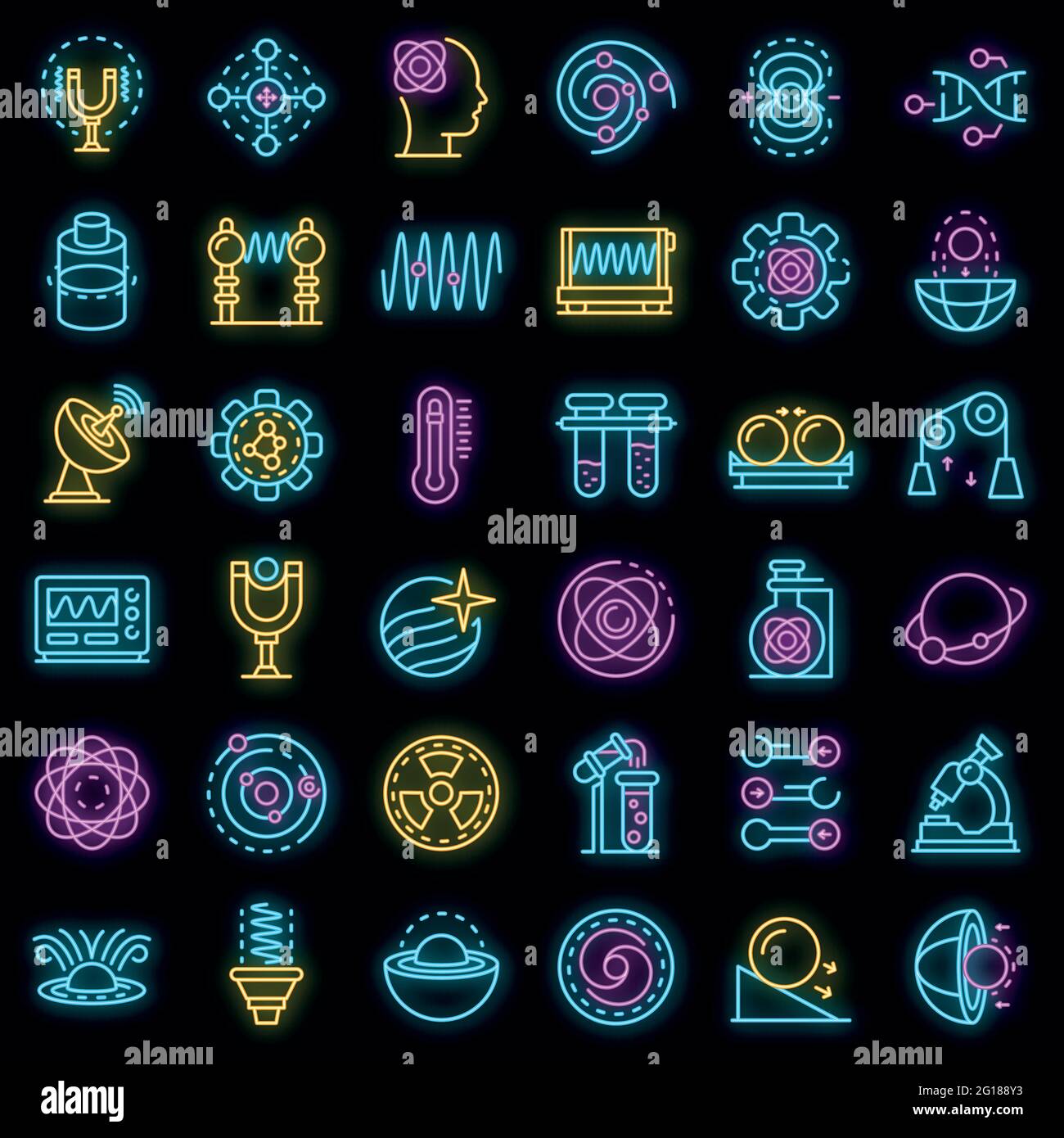 Biophysics icons set. Outline set of biophysics vector icons neon color ...