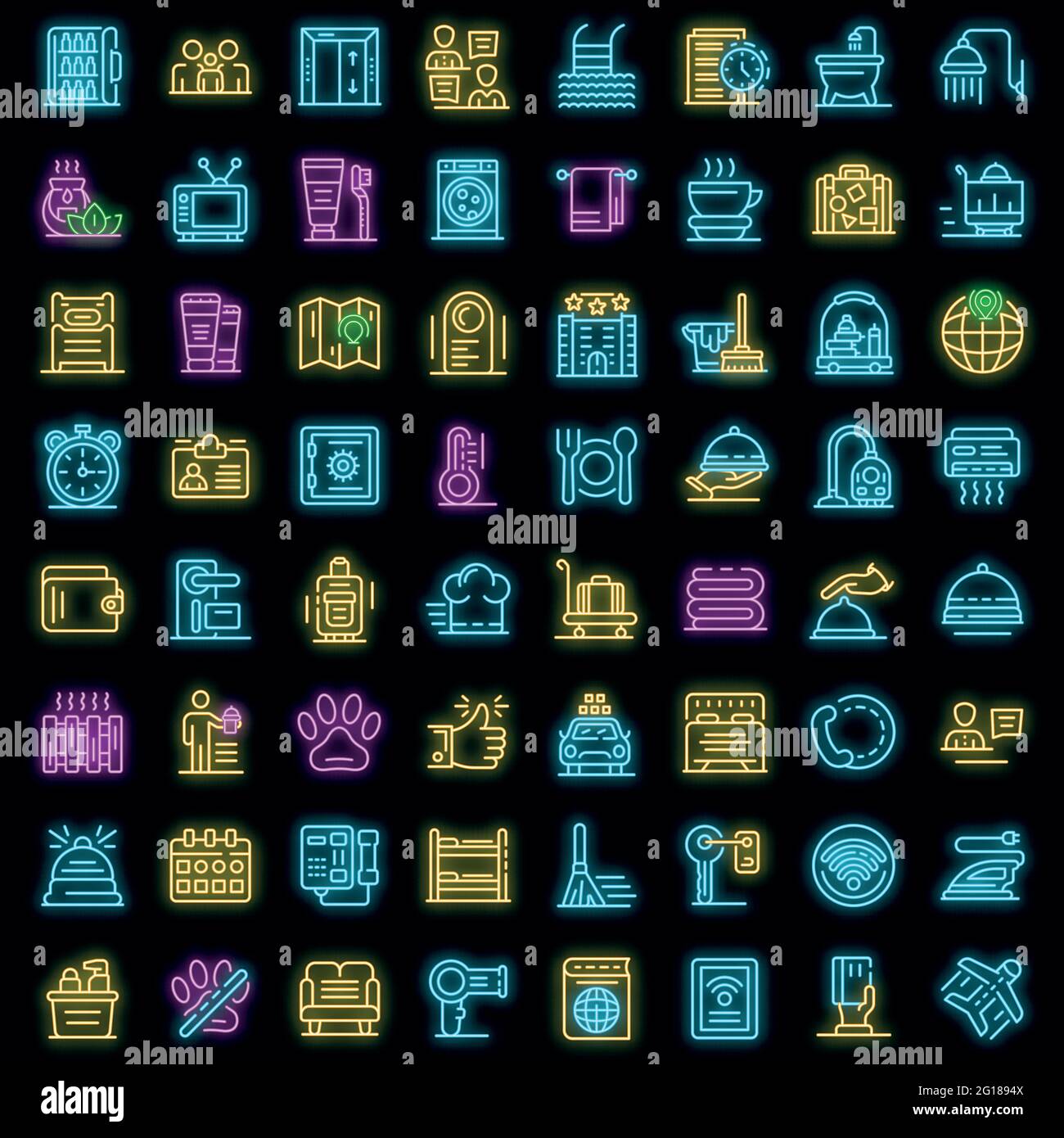 Room service icons set. Outline set of room service vector icons neon ...