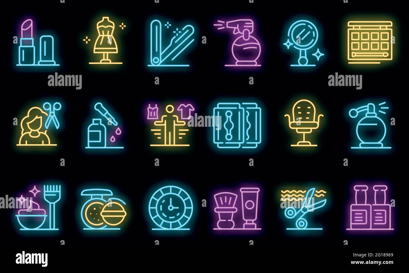 Stylist icons set. Outline set of stylist vector icons neon color on ...