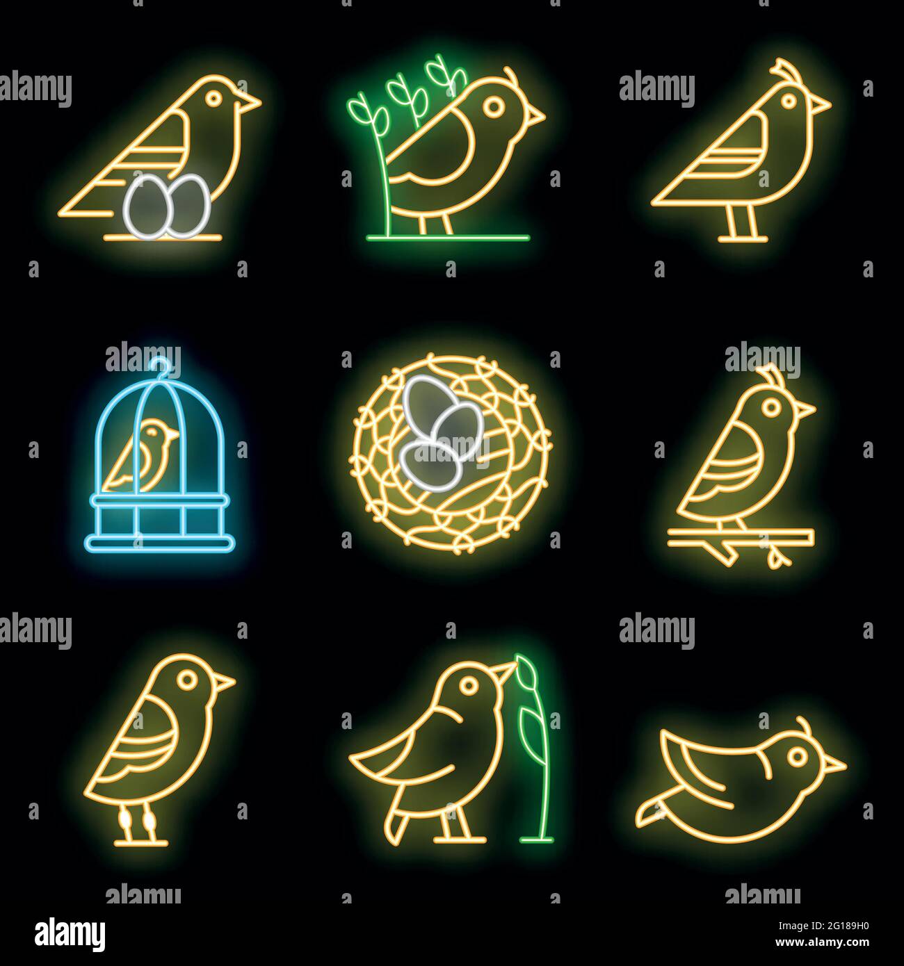 Quail icons set. Outline set of quail vector icons neon color on black ...