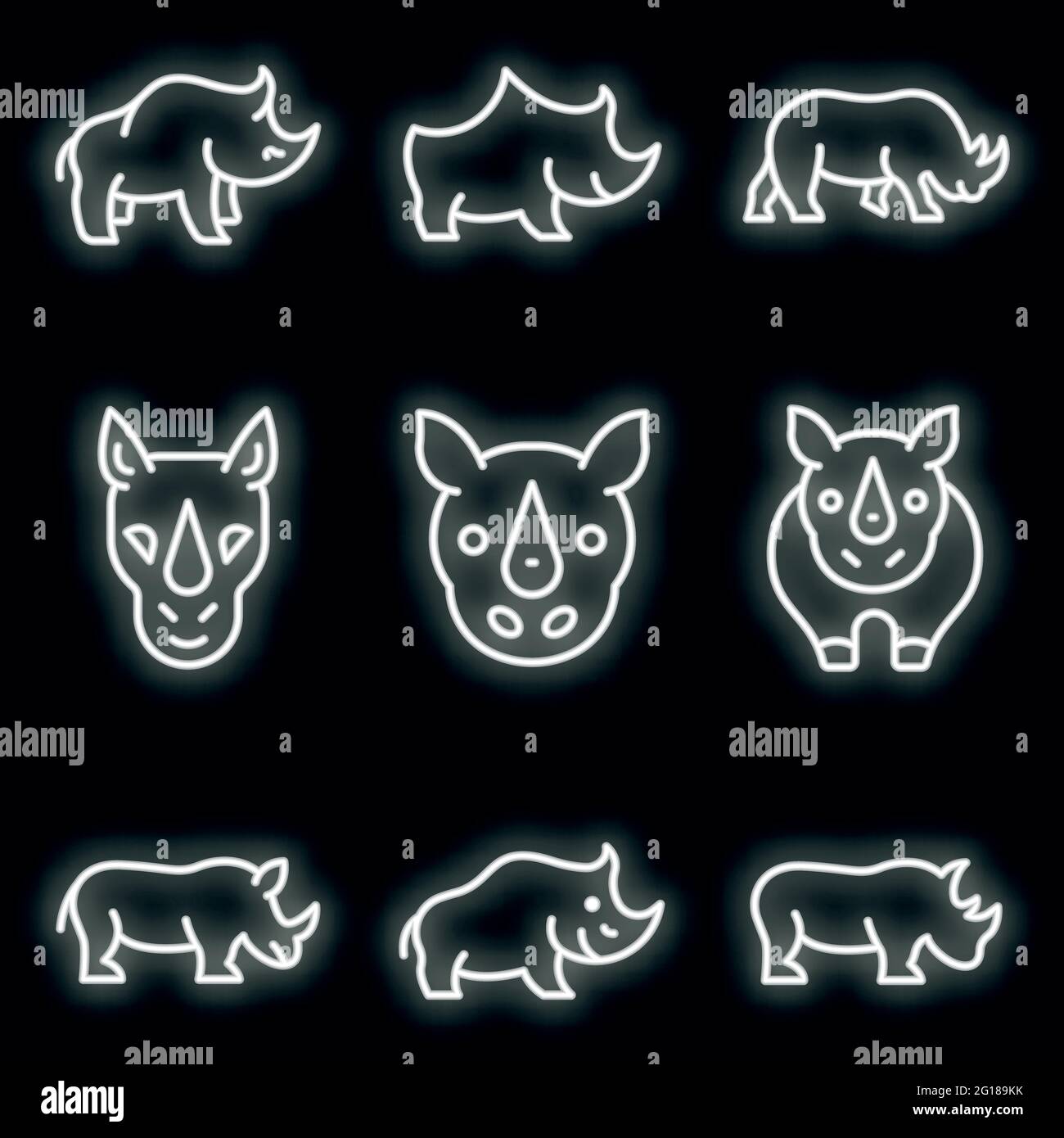 Rhino icons set. Outline set of rhino vector icons neon color on black ...