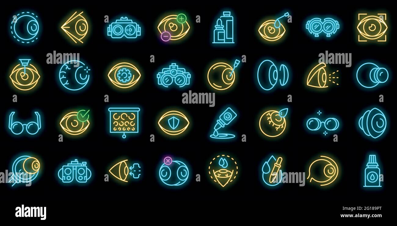 Optician icons set. Outline set of optician vector icons neon color on ...