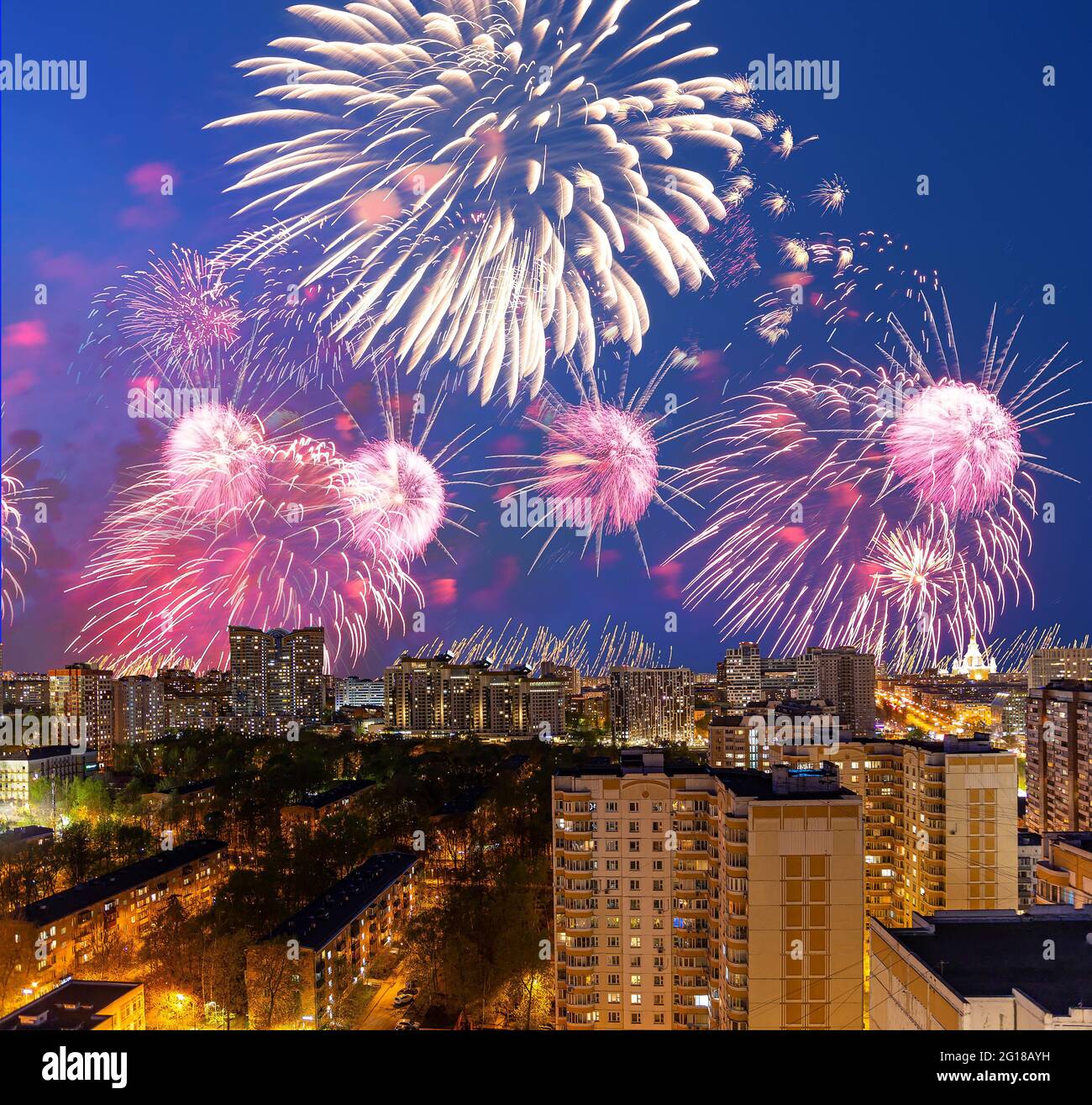 Aerial view of Moscow (night) and festive fireworks during Victory Day ...