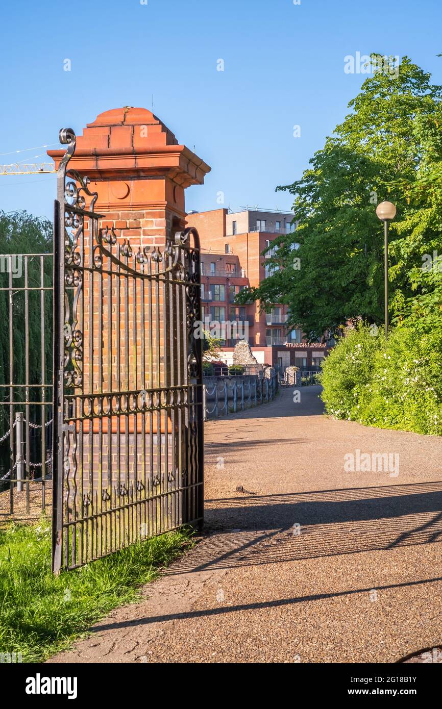 Close and selective focus on the brick gate post at the entrance to the ...